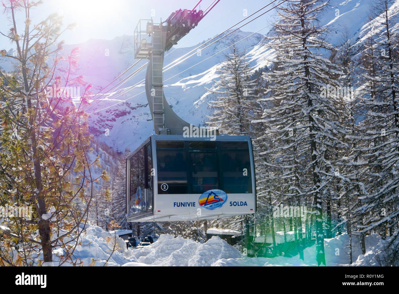 Solda, Italy - December 29, 2017: The biggest alpine gondola in popular ...