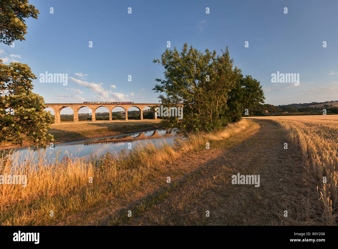Northern rail sprinter train crossing Wharfedale viaduct over the River ...