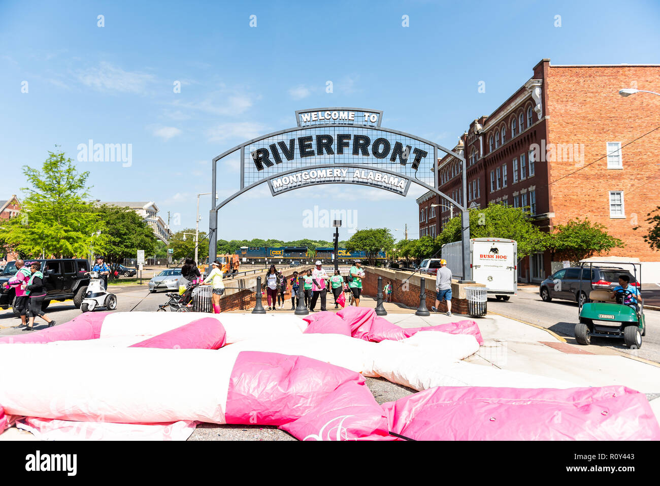 Montgomery, USA - April 21, 2018: Riverfront park buildings on road ...