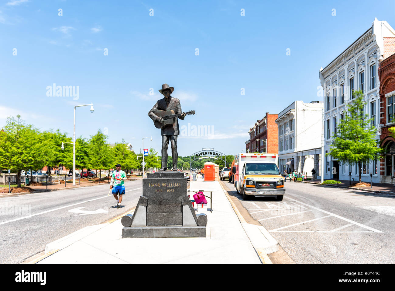 Montgomery, USA - April 21, 2018: Riverfront park buildings on road ...