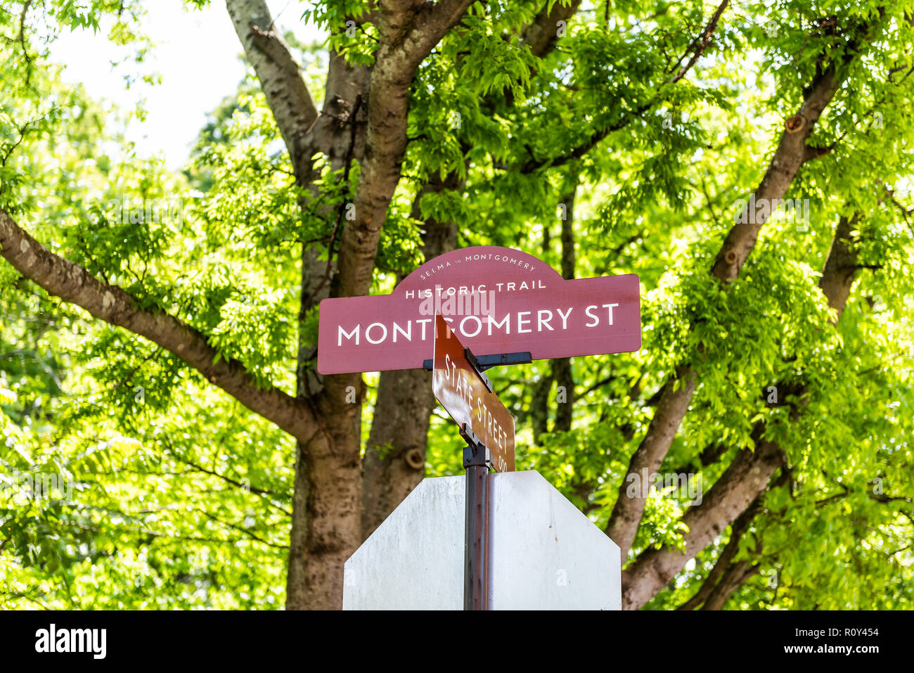 Montgomery, USA historic street road sign closeup during day in capital ...