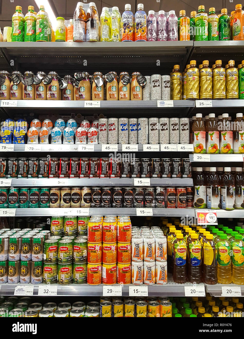 BANGKOK THAILAND - OCTOBER 27: Various bottles and cans of beverage ...