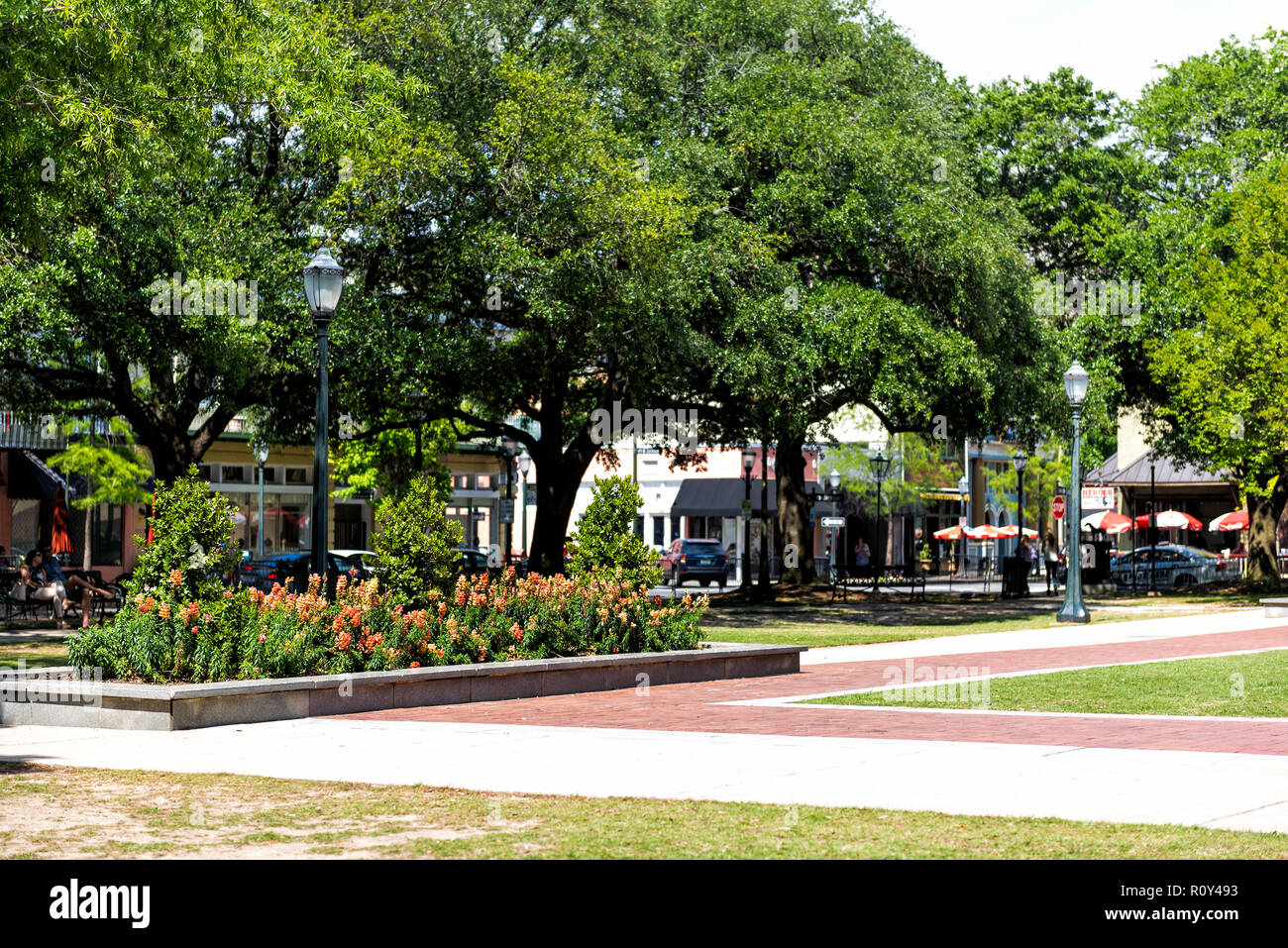 Mobile, USA - April 22, 2018: Old town Cathedral square park by Dauphin ...