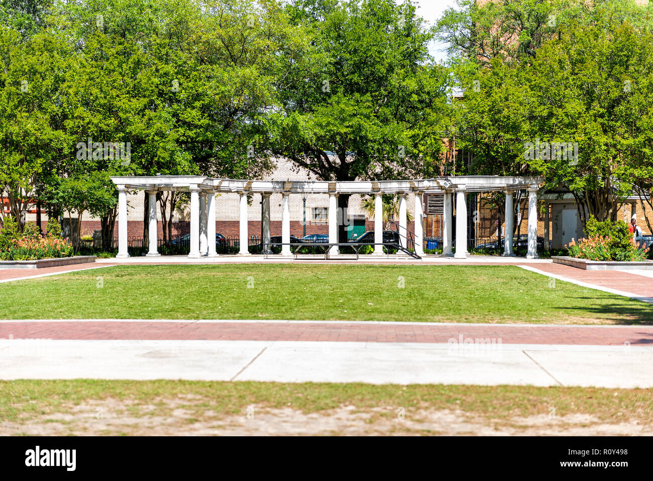Mobile, USA - April 22, 2018: Old town Cathedral square park by street ...