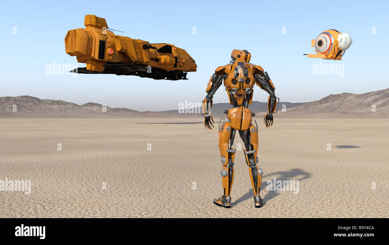 Cyborg worker with drone looking at flying spaceship, humanoid robot ...
