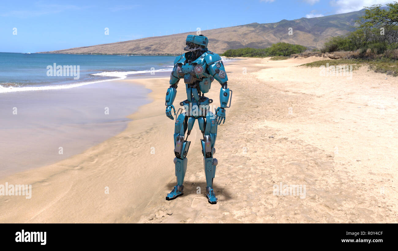 Cyborg, humanoid robot at beach with sea and mountains in the ...