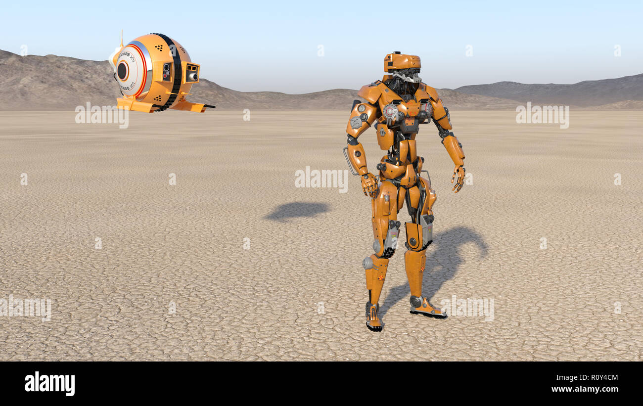 Cyborg worker with flying drone, humanoid robot with surveillance ...