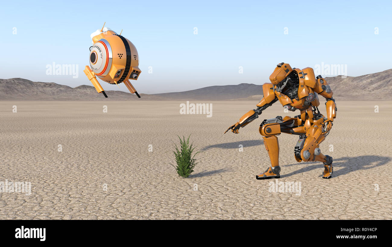 Cyborg worker with flying drone discovering a plant, humanoid robot ...