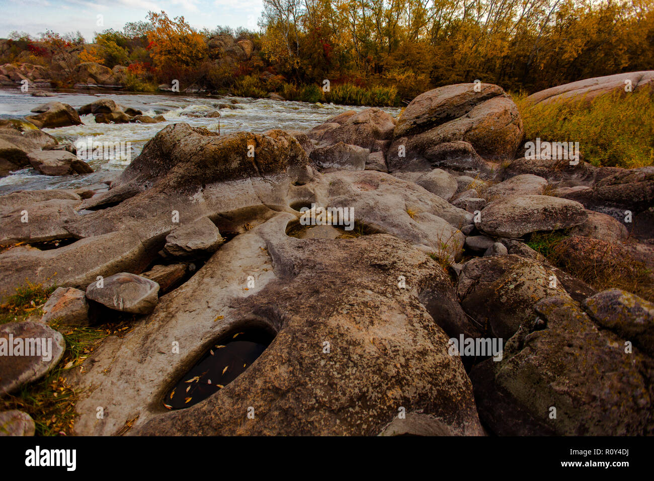 unusual forms of stones on the banks of a mountain river Stock Photo ...