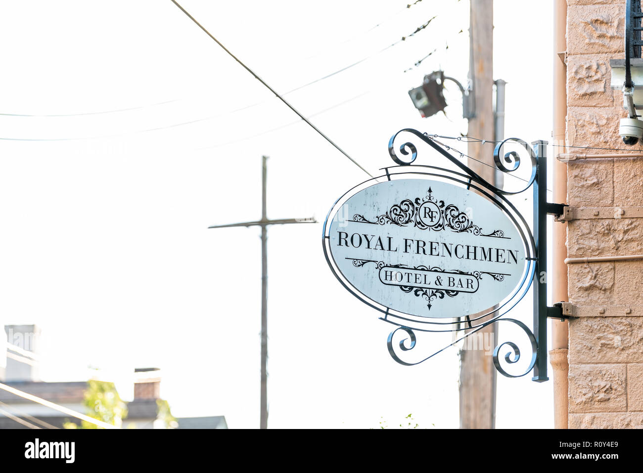 New Orleans, USA - April 22, 2018: Frenchmen hotel and bar business ...