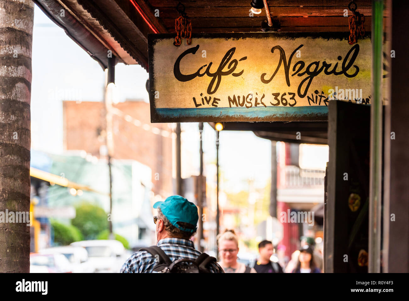New Orleans, USA - April 22, 2018: Frenchmen street covered sidewalk in ...