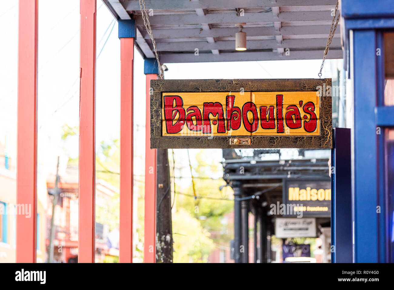 New Orleans, USA - April 22, 2018: Frenchmen street covered sidewalk in ...