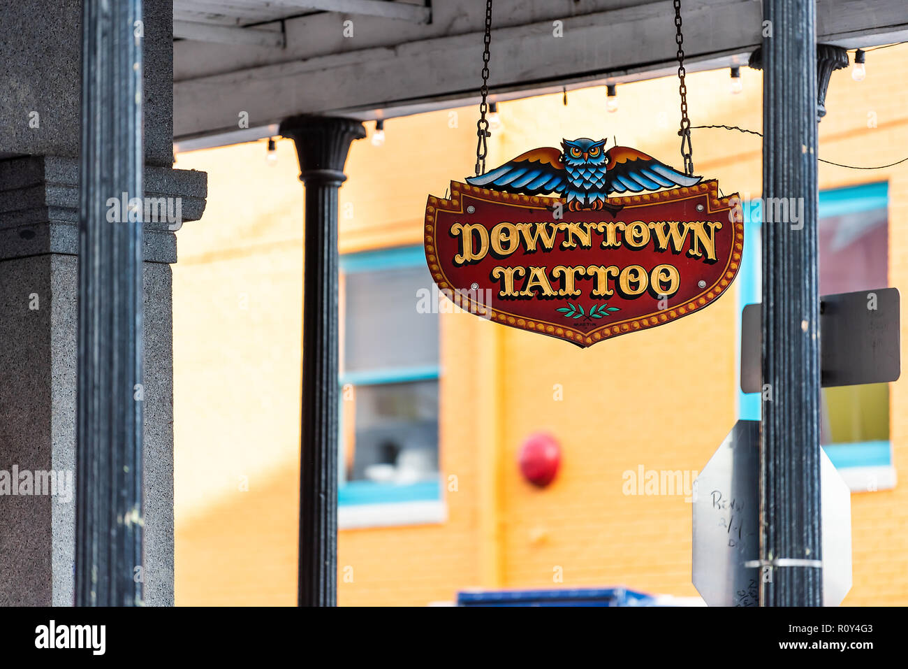 New Orleans, USA - April 22, 2018: Frenchmen street covered sidewalk in ...