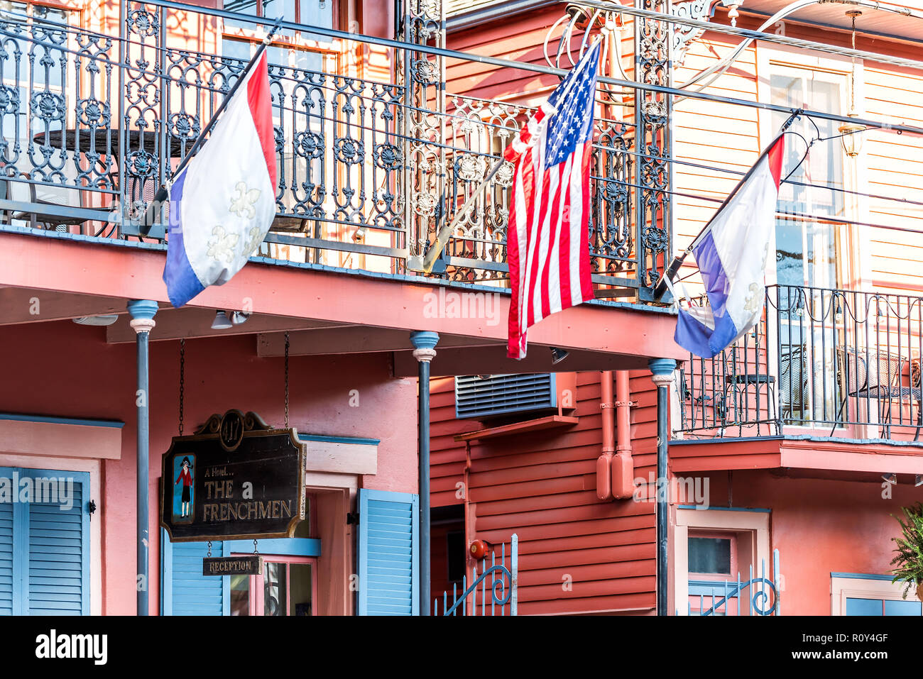 New Orleans, USA - April 22, 2018: Frenchmen hotel reception sign ...
