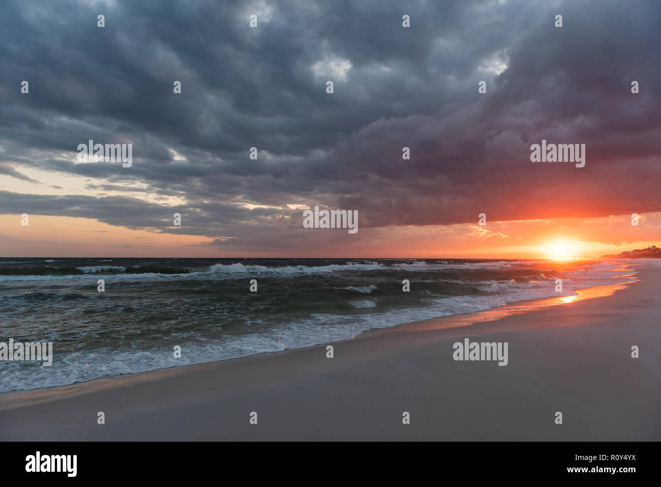 Dramatic dark orange red sunset in Santa Rosa Beach, Florida with ...