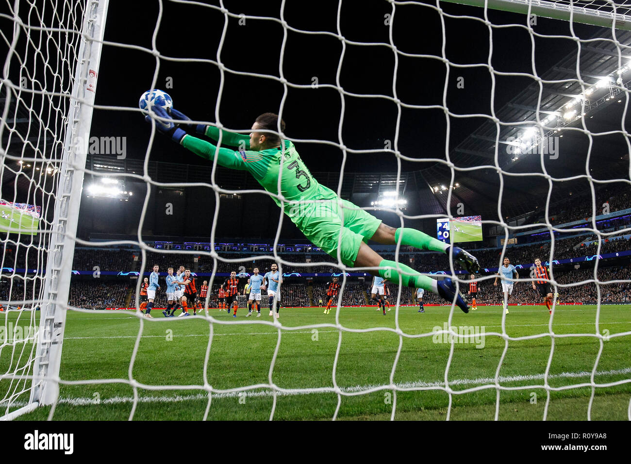 London, UK. 7th Nov 2018. Ederson of Manchester City makes a save ...