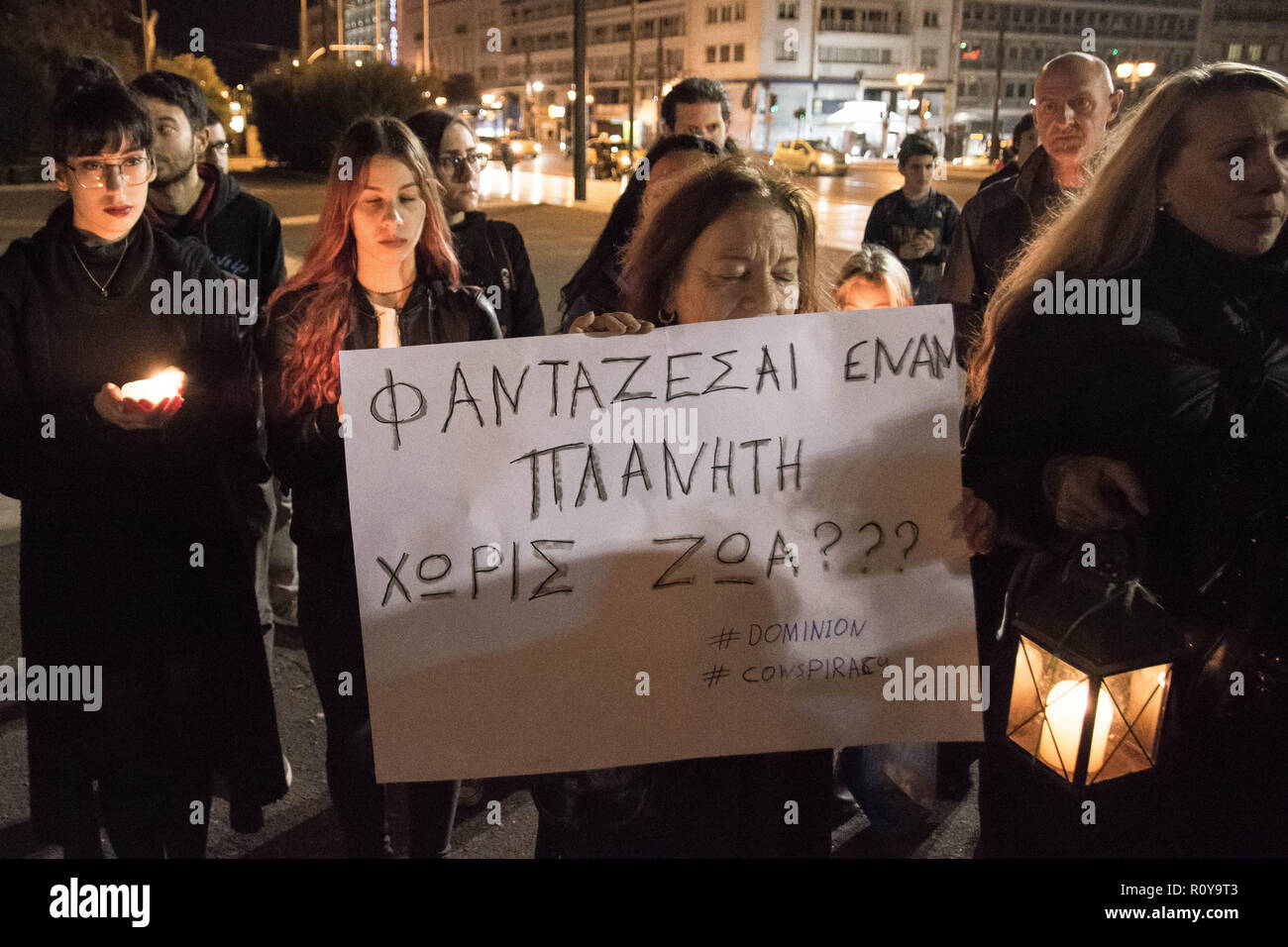 Athens, Greece. 7th Nov, 2018. A protester seen holding a placard ...