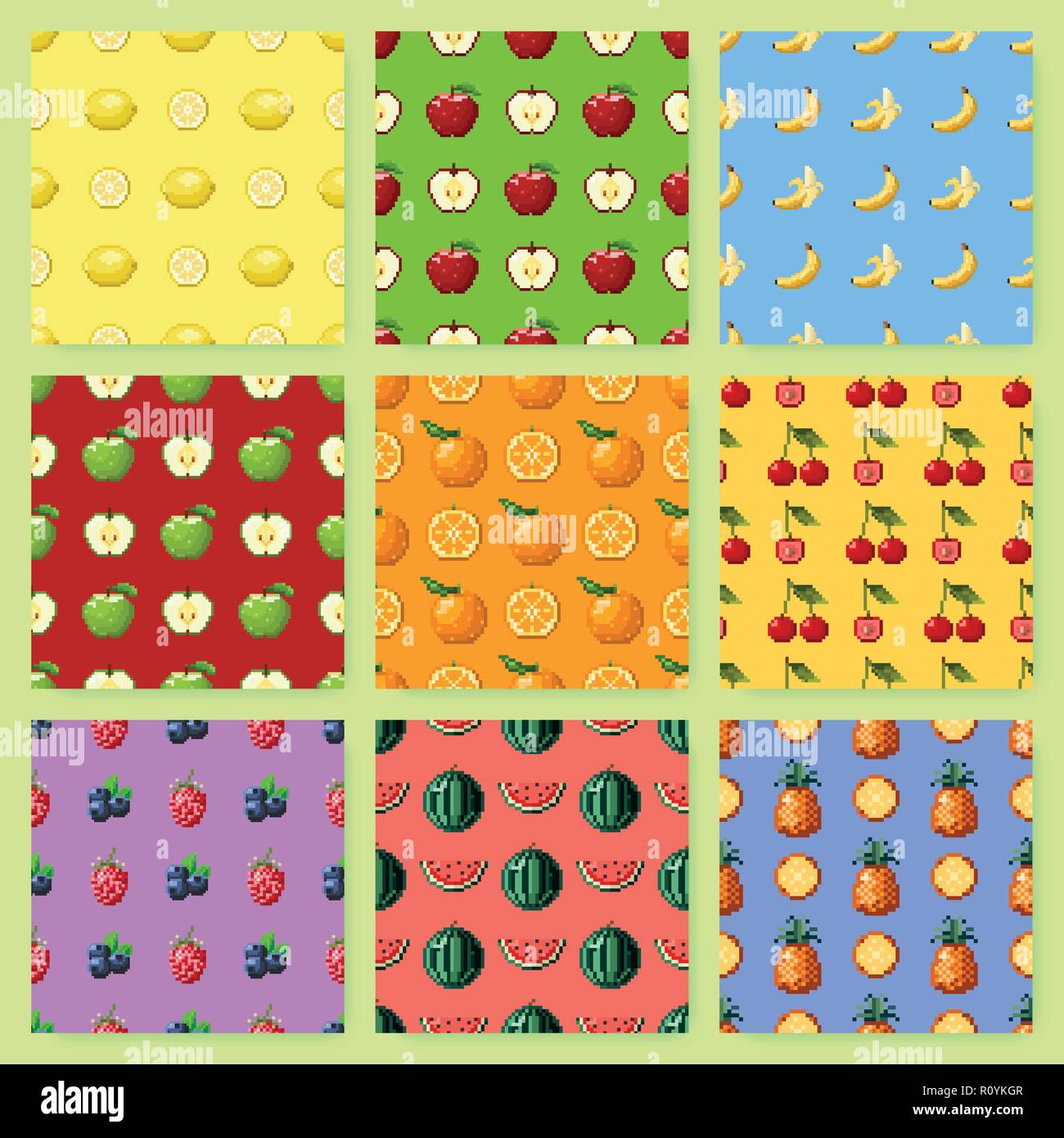 Set of seamless patterns with pixel fruits and berries Stock Vector ...