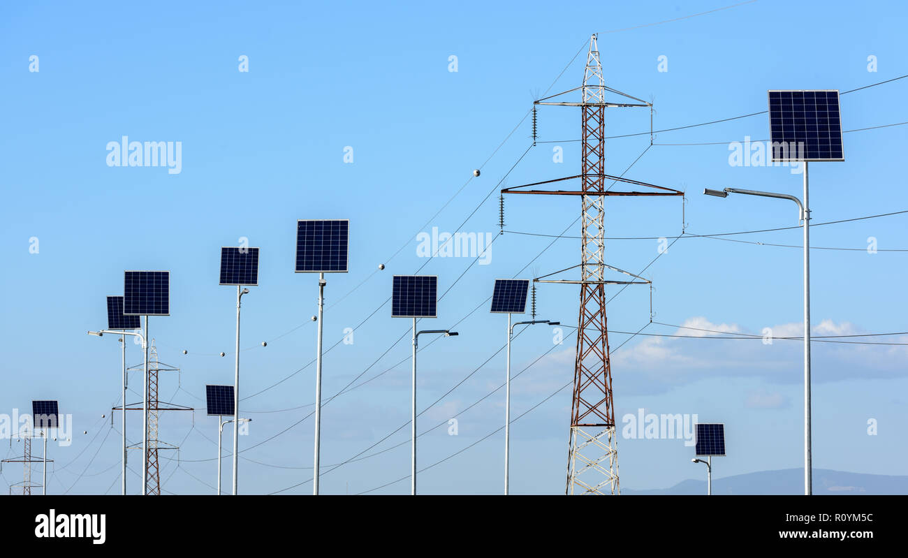 Street lighting works from solar panels on blue sky background Stock ...