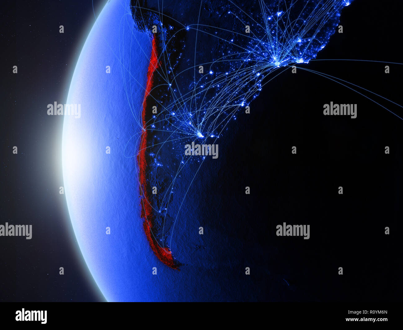 Chile from space on blue digital model of Earth with international ...