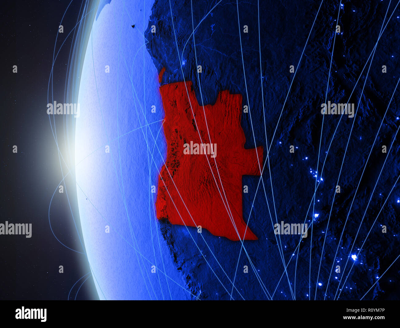 Angola from space on blue digital model of Earth with international ...