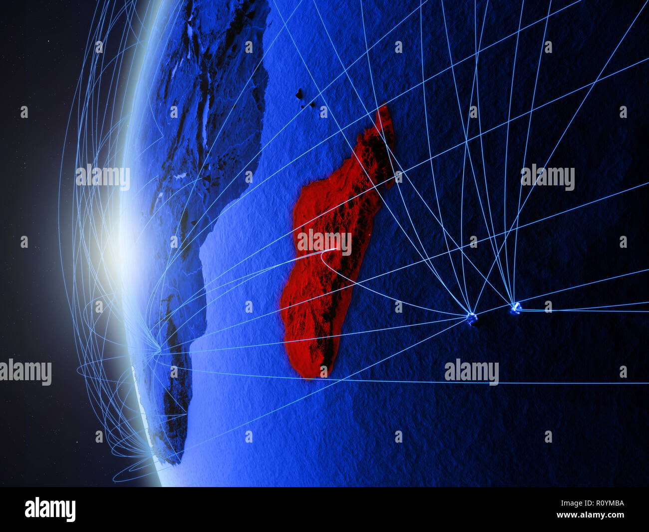 Madagascar from space on blue digital model of Earth with international ...