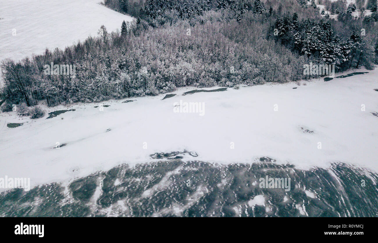 Trees and snow in a forest landscape with sun down hi-res stock ...