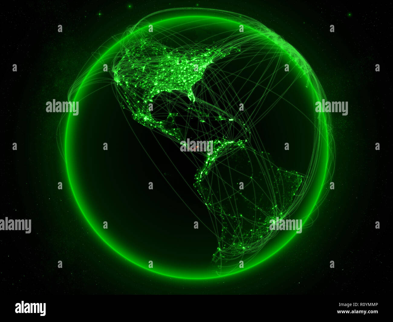 Panama from space on planet Earth with green network representing ...
