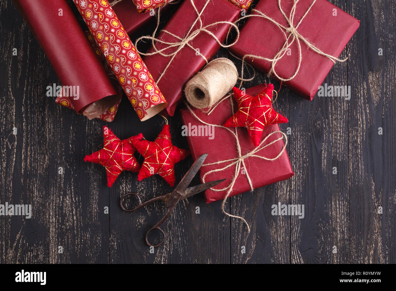 pile of gifts on the old table Stock Photo - Alamy