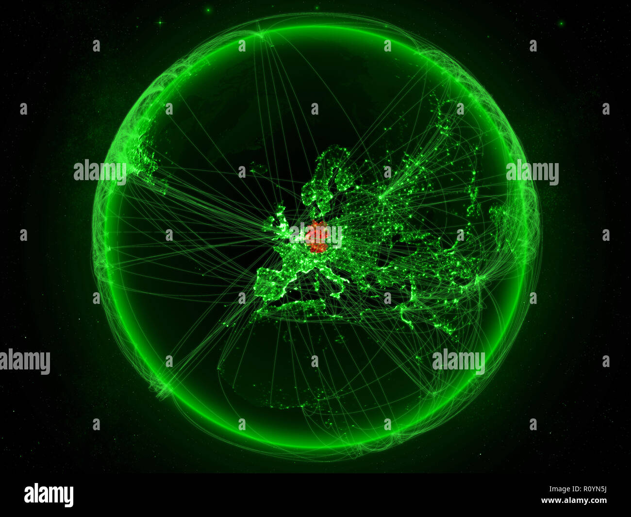 Germany from space on planet Earth with green network representing ...
