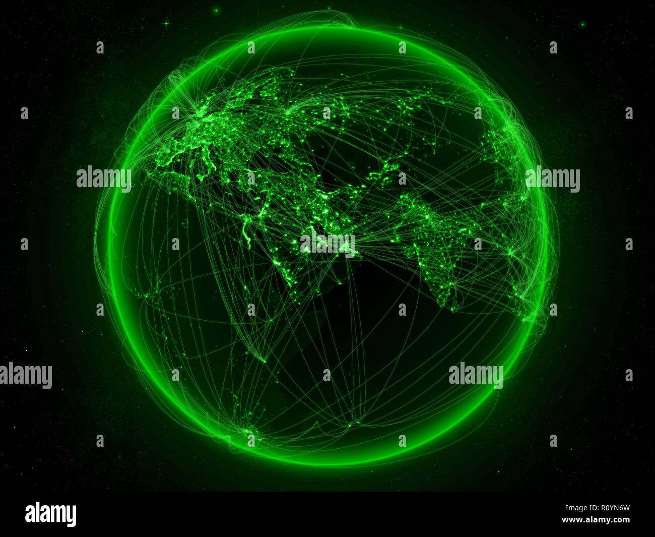 Qatar from space on planet Earth with green network representing ...