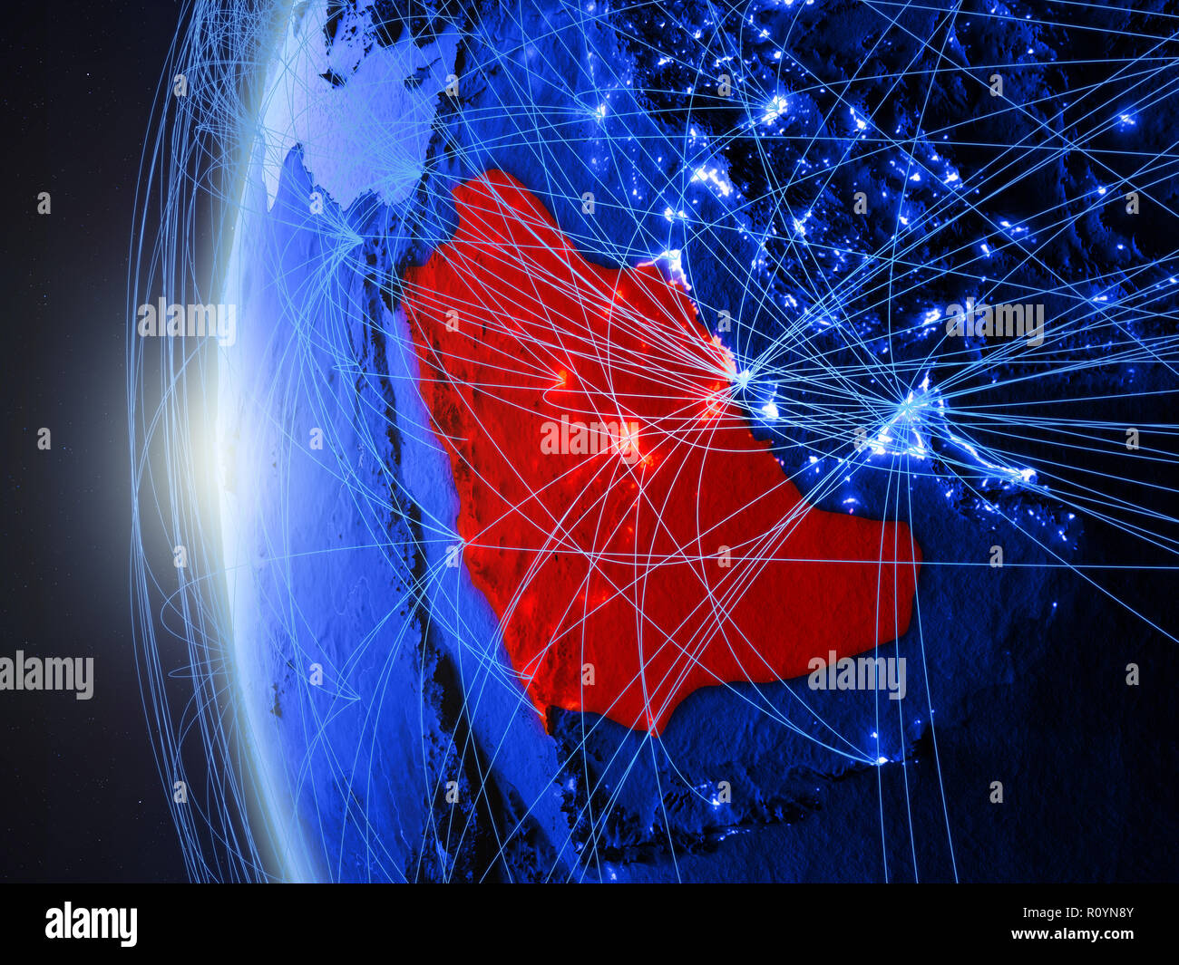 Saudi Arabia from space on blue digital model of Earth with ...