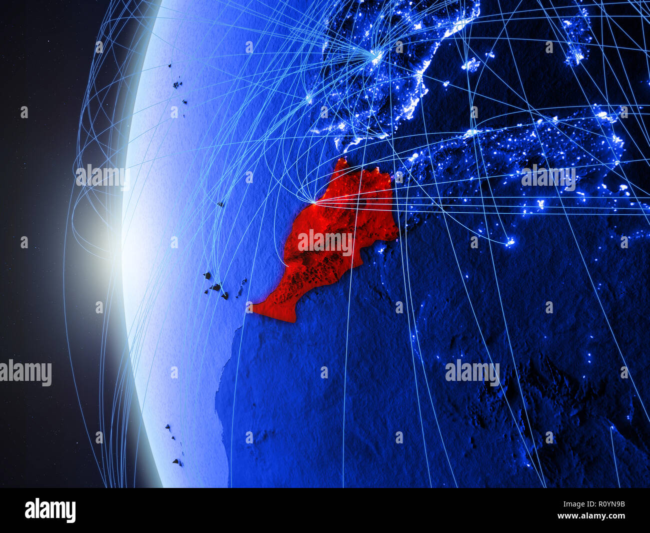 Morocco from space on blue digital model of Earth with international ...
