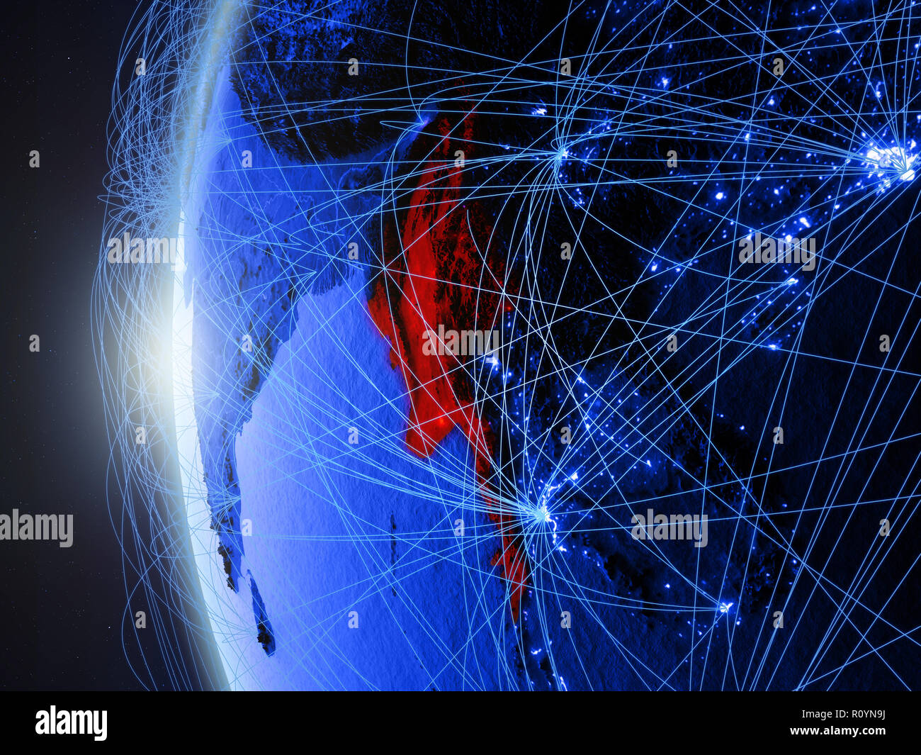 Myanmar from space on blue digital model of Earth with international ...