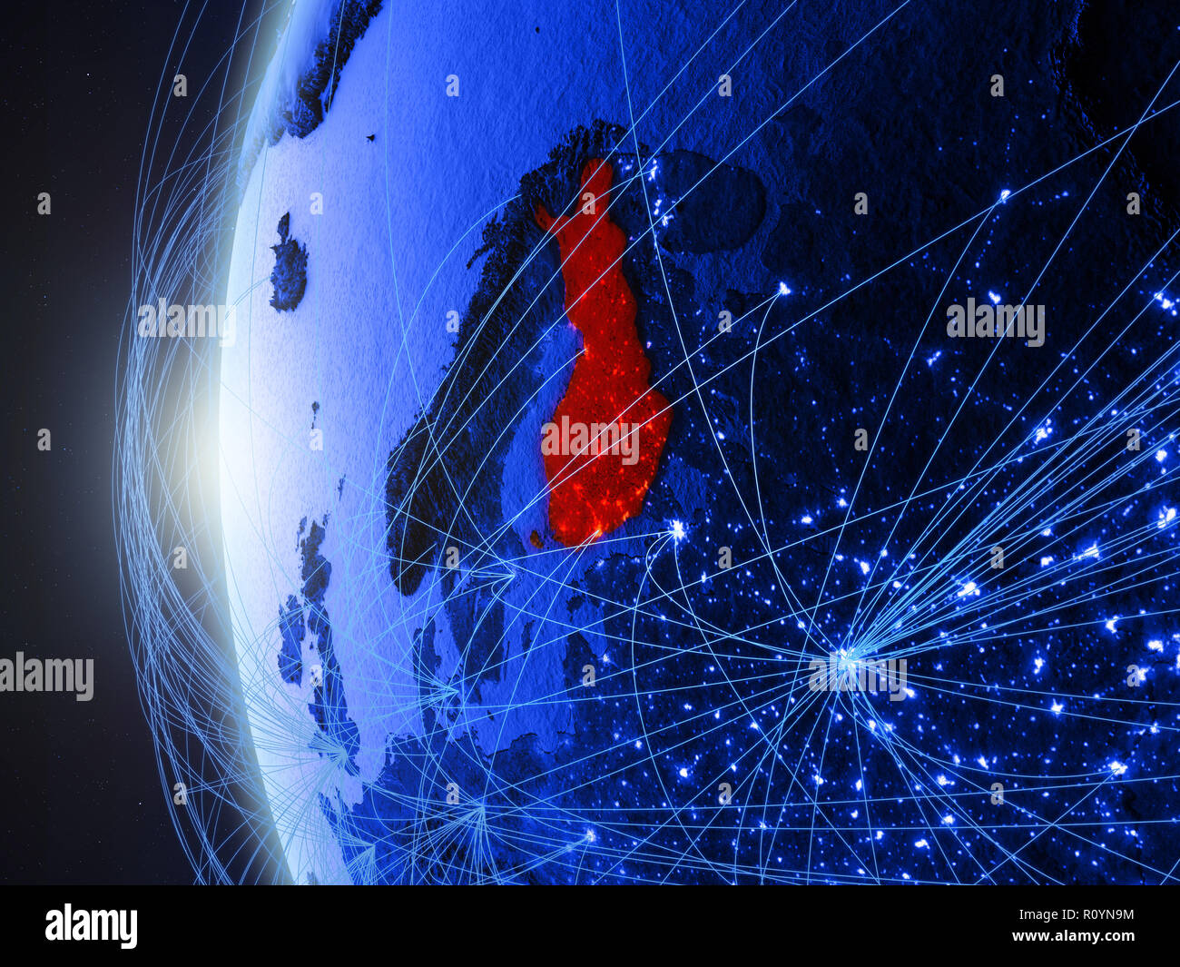 Finland from space on blue digital model of Earth with international ...