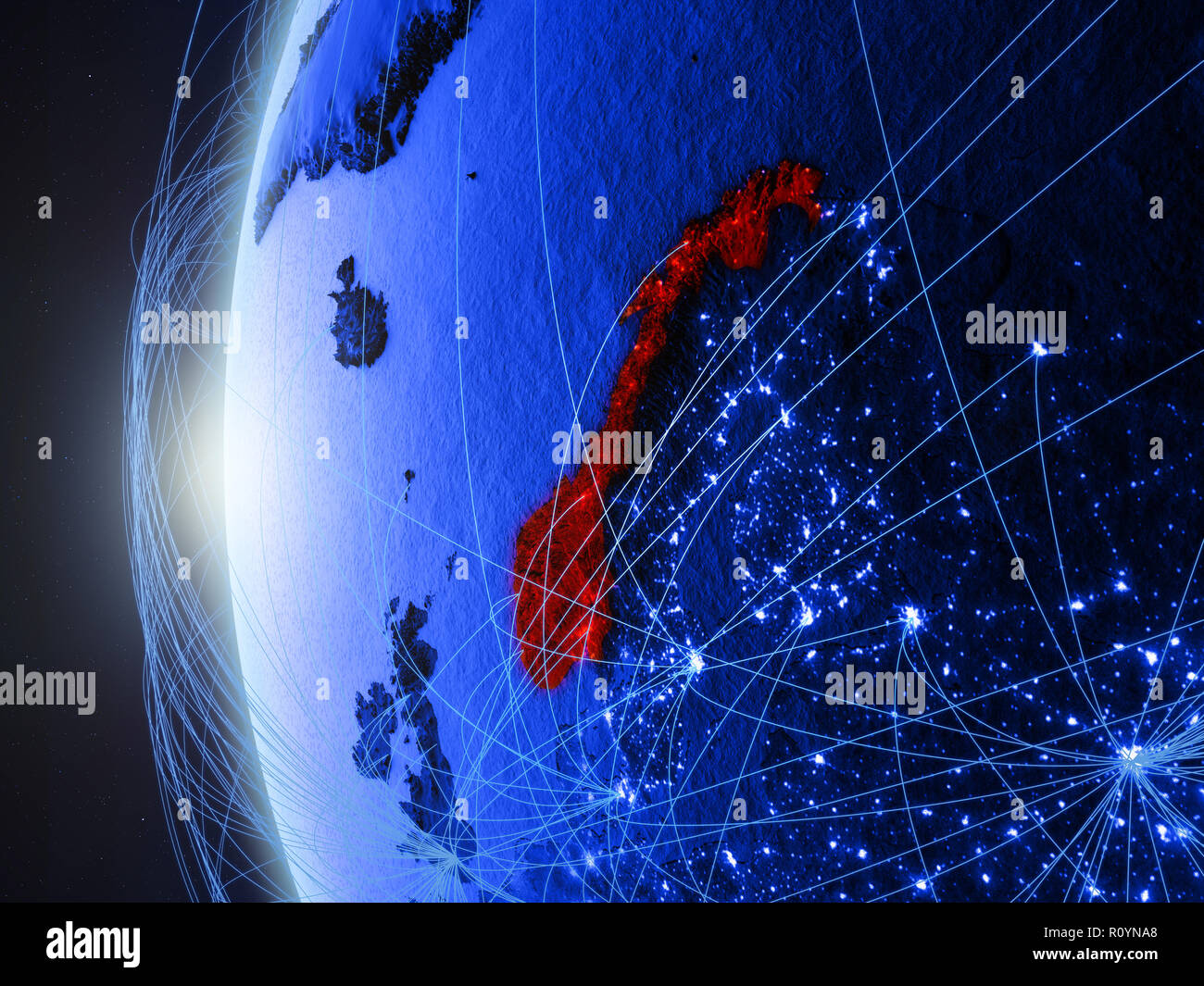 Norway from space on blue digital model of Earth with international ...