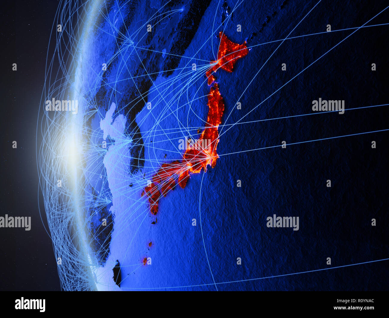 Japan from space on blue digital model of Earth with international ...