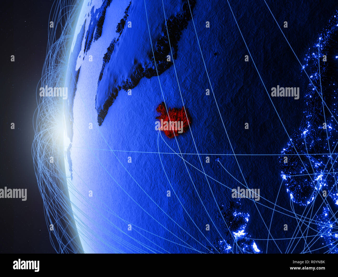 Iceland from space on blue digital model of Earth with international ...
