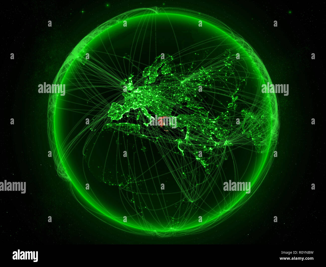 Greece from space on planet Earth with green network representing ...