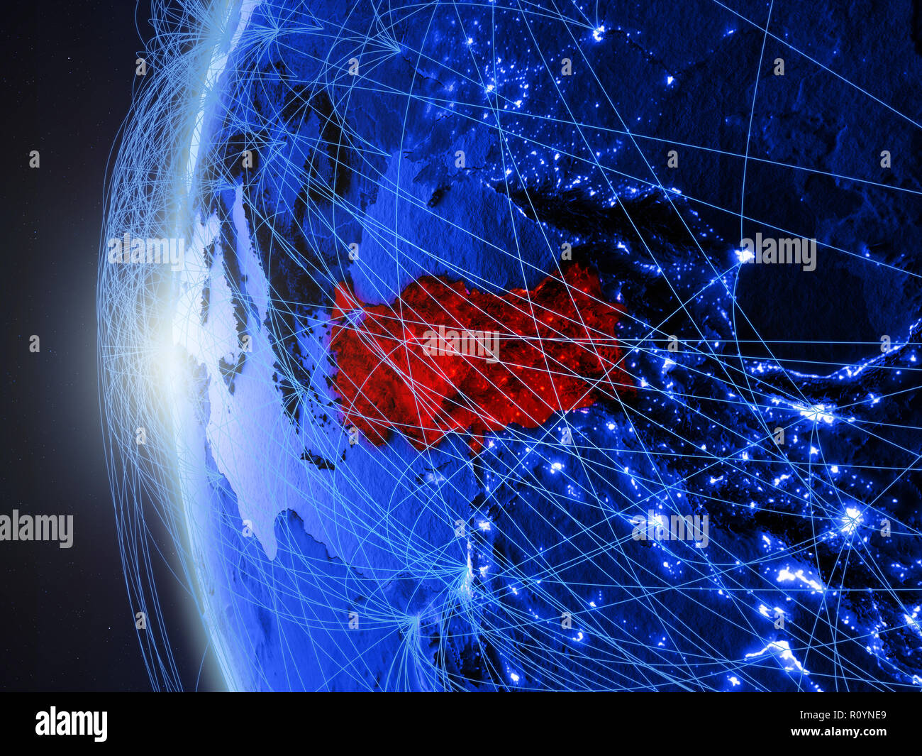 Turkey from space on blue digital model of Earth with international ...