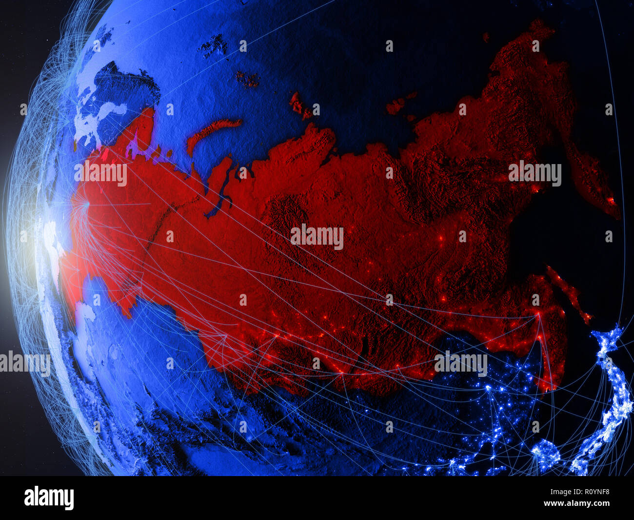 Russia from space on blue digital model of Earth with international ...