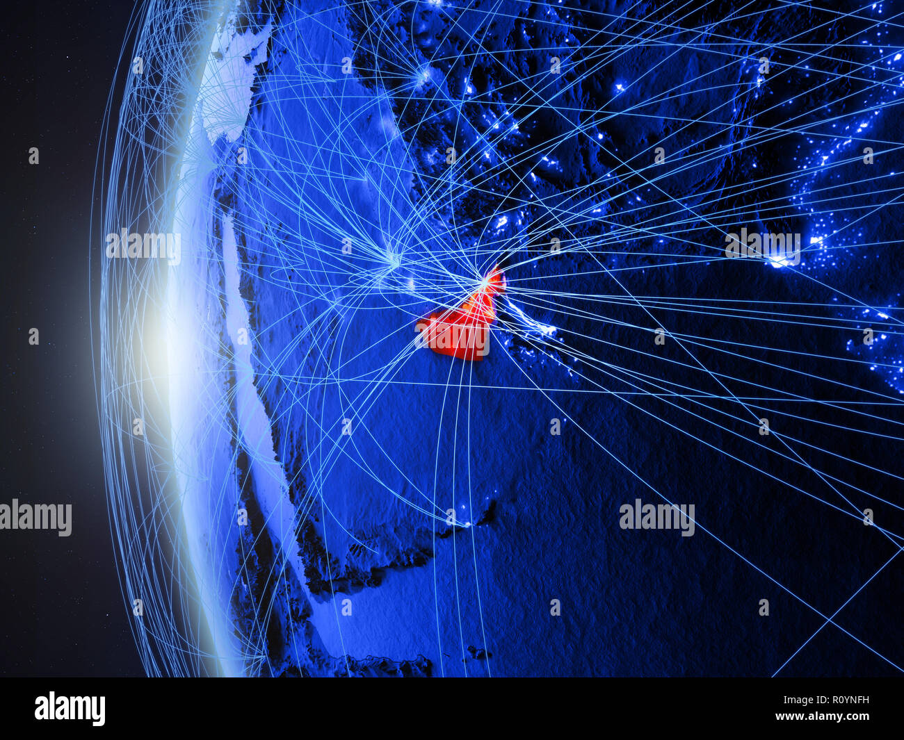United Arab Emirates from space on blue digital model of Earth with ...