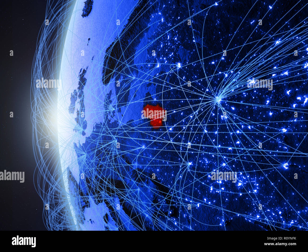 Lithuania from space on blue digital model of Earth with international ...
