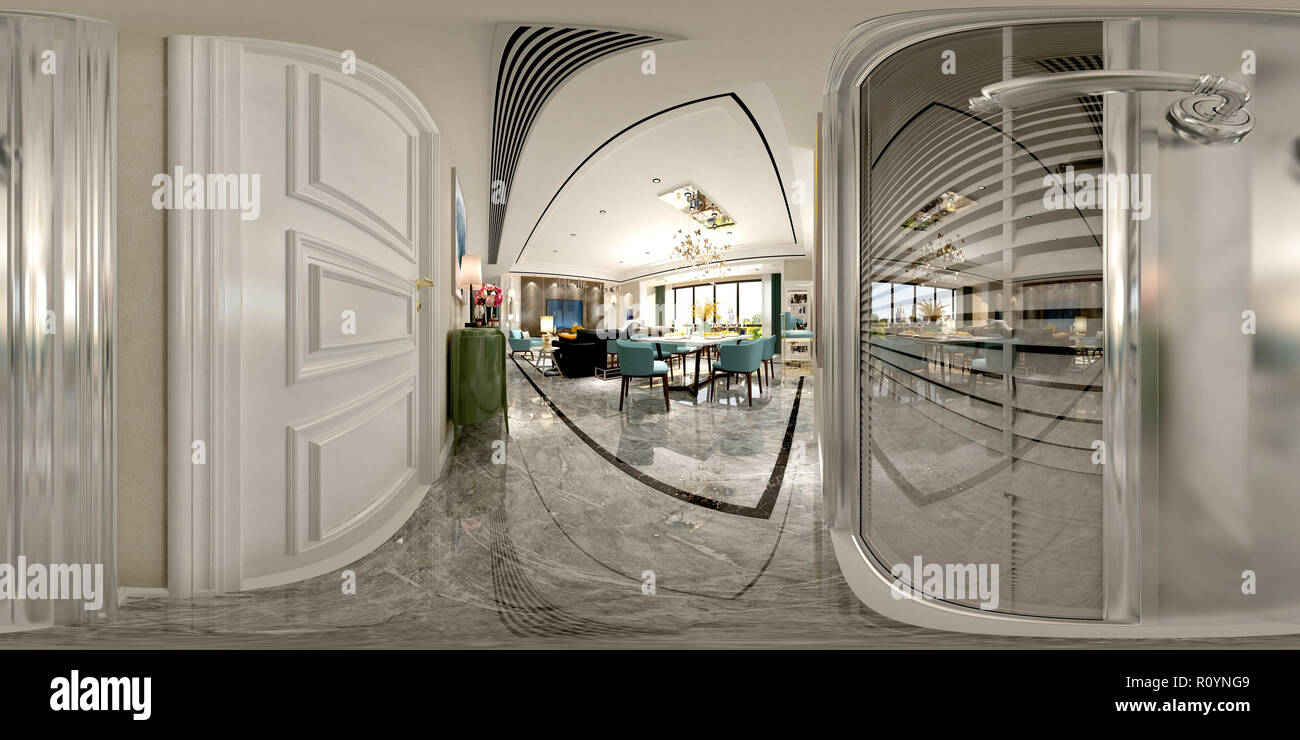 3d render 360 degrees living and dining room Stock Photo - Alamy