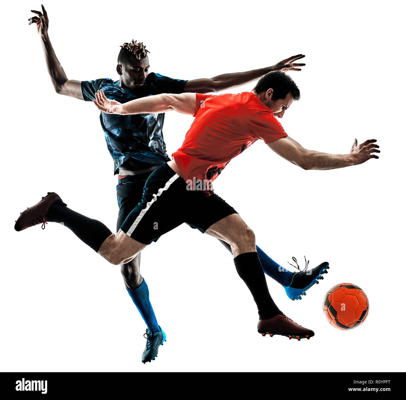 two soccer players men in studio silhouette isolated on white ...