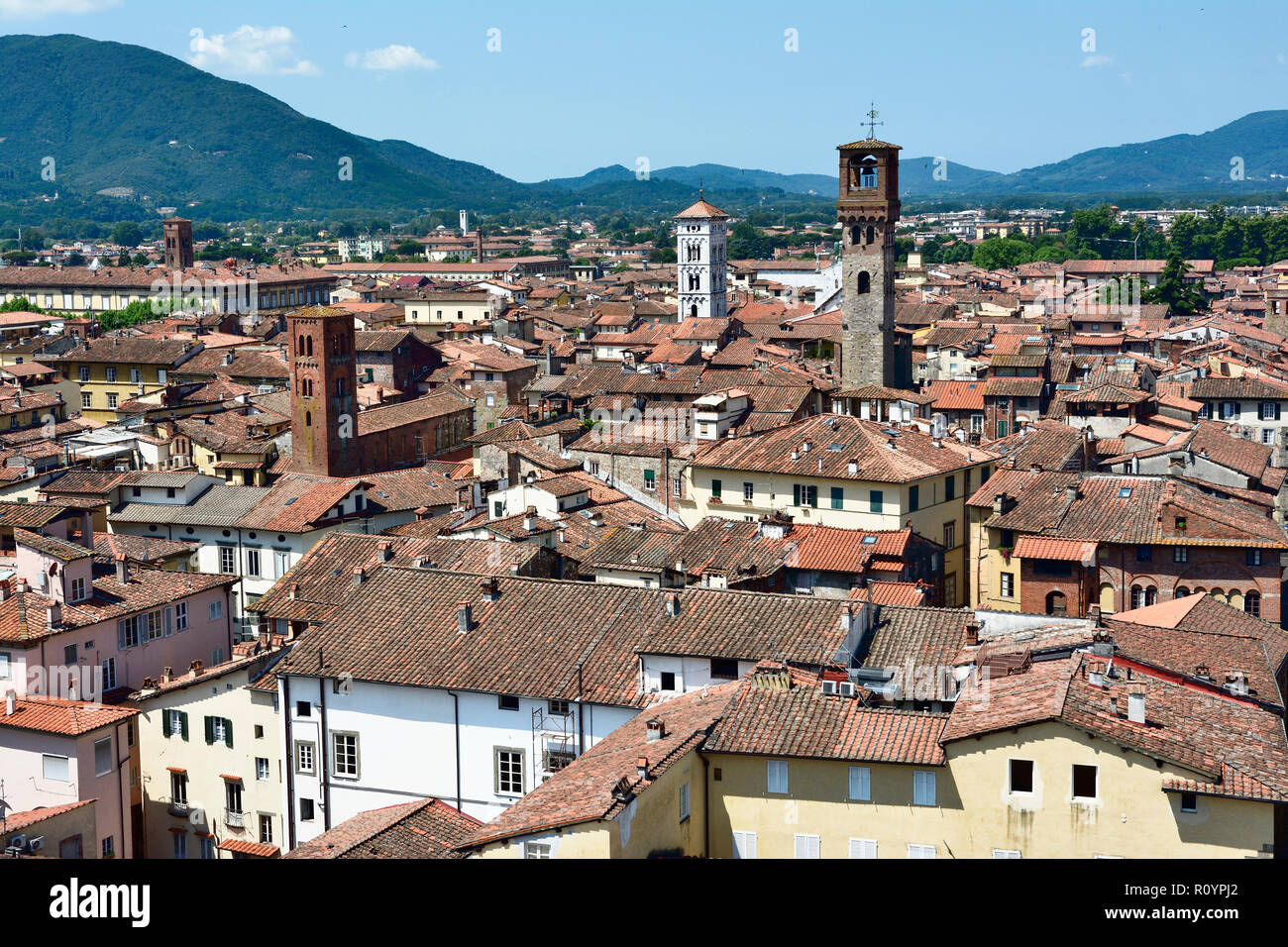 The medieval town of Lucca seen from the viewpoint on the top of ...