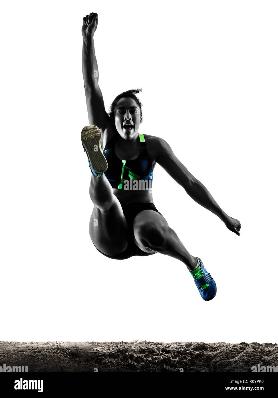 one african athlete athletics long jump woman isolated on white ...