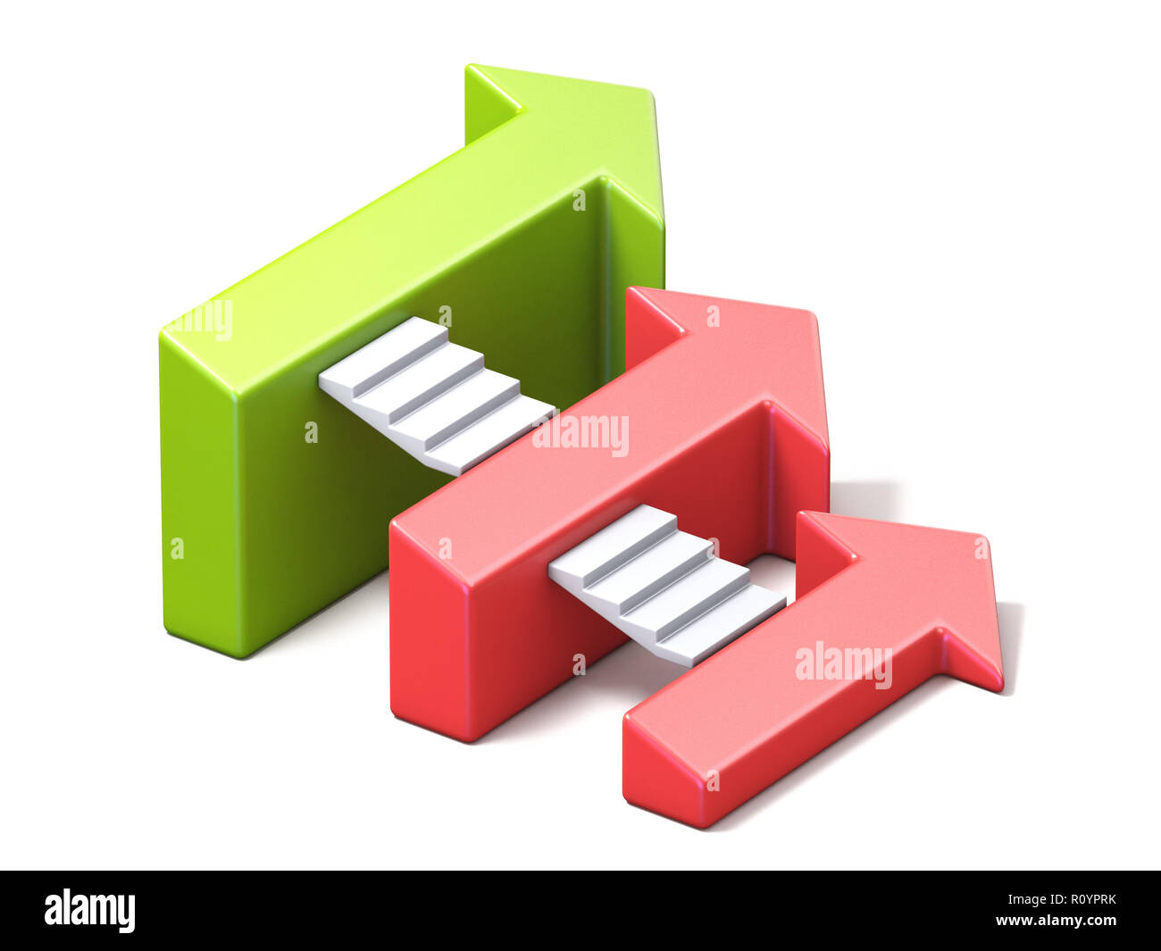Three arrow steps and stairs connecting 3D render illustration isolated ...