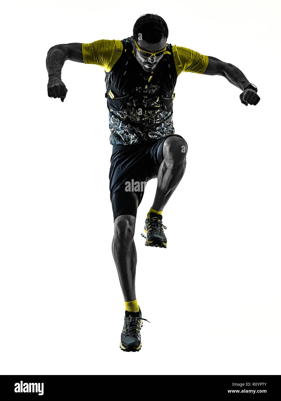 one caucasian man trail runner running silhouette isolated on white ...