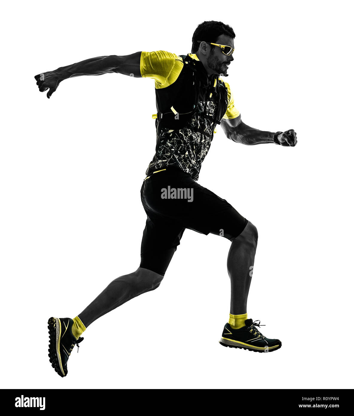 one caucasian man trail runner running silhouette isolated on white ...
